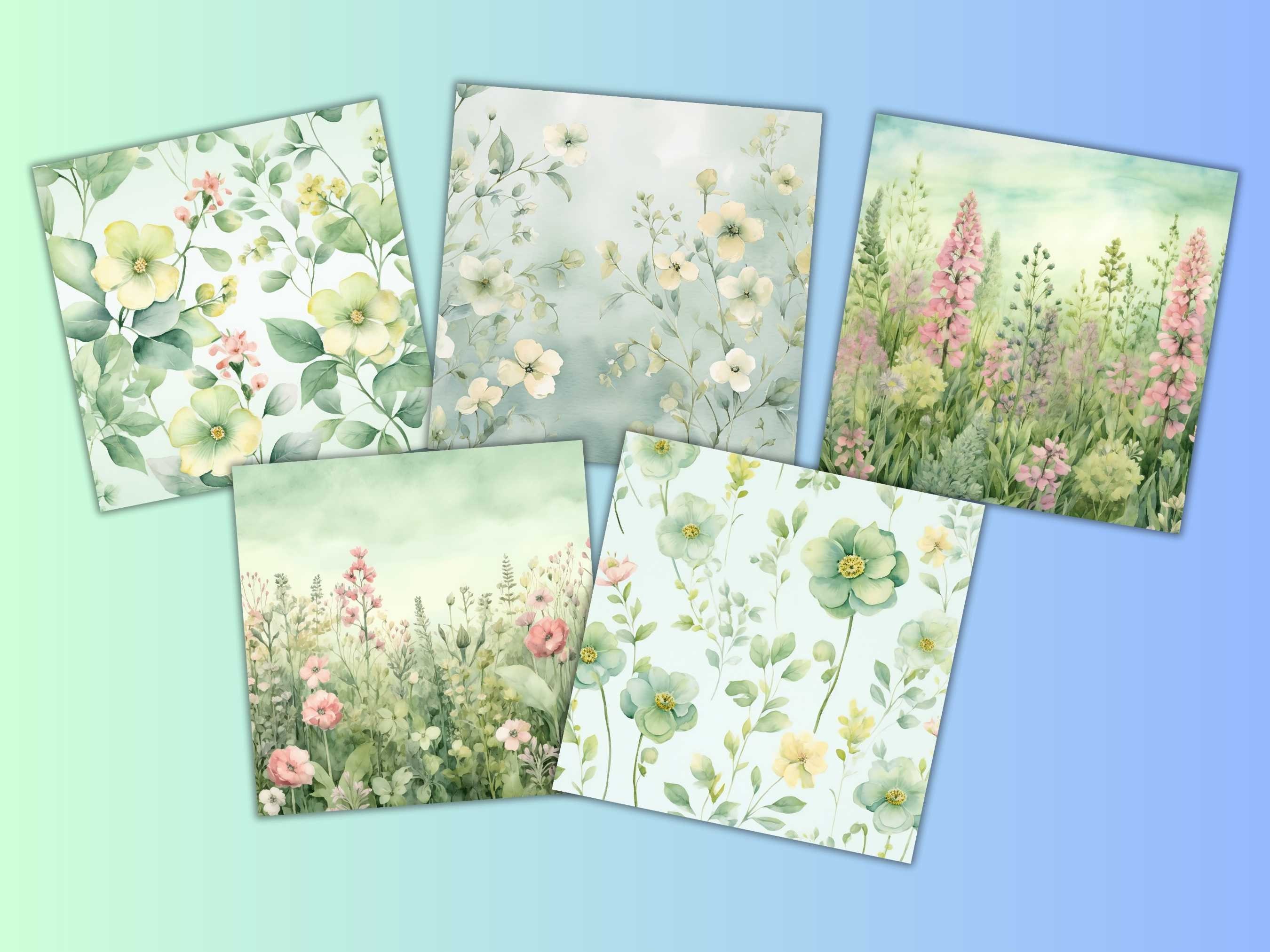 Sage Green Watercolor Floral Digital Paper Sage Green Flowers - Etsy