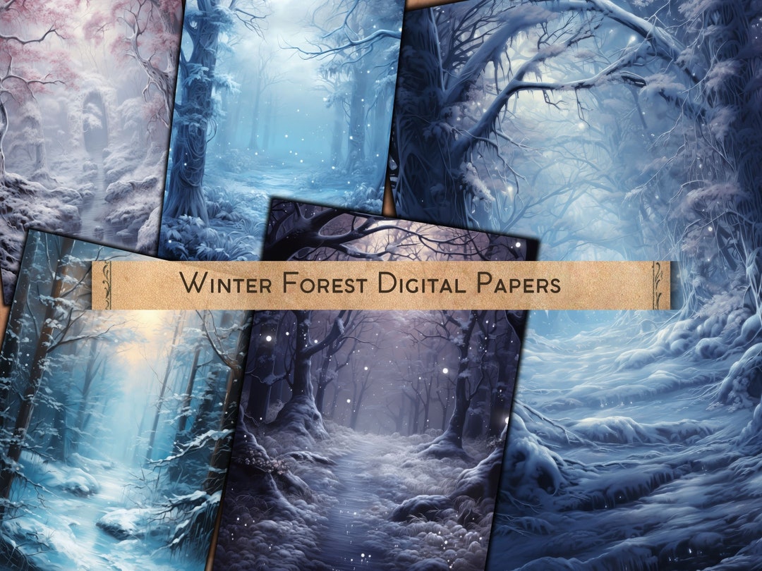 Printable Enchanted Winter Forest Digital Paper, Snow Forest Background ...