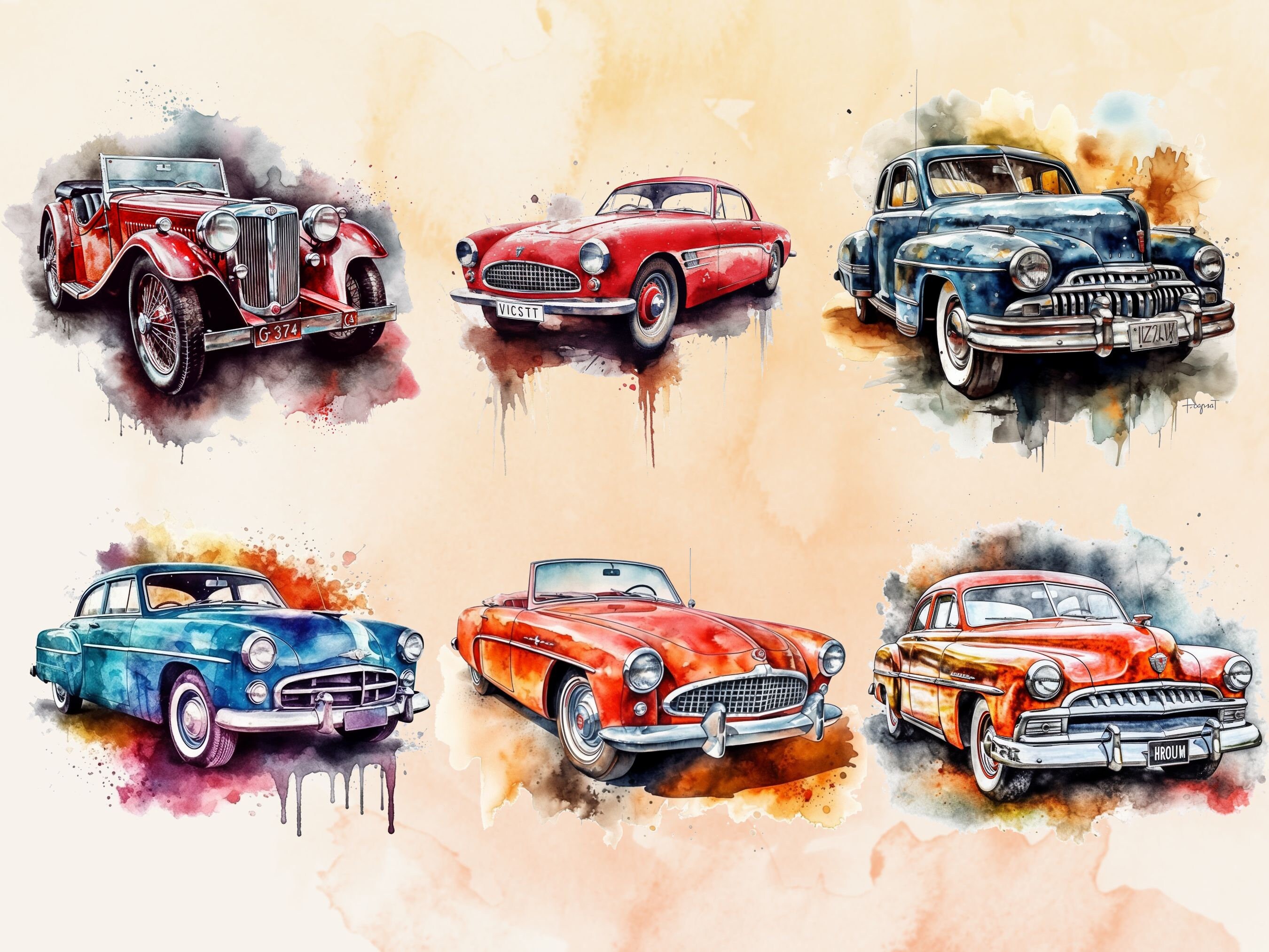 Vintage Cars Watercolor Clipart Collection Classic Automobile - Etsy