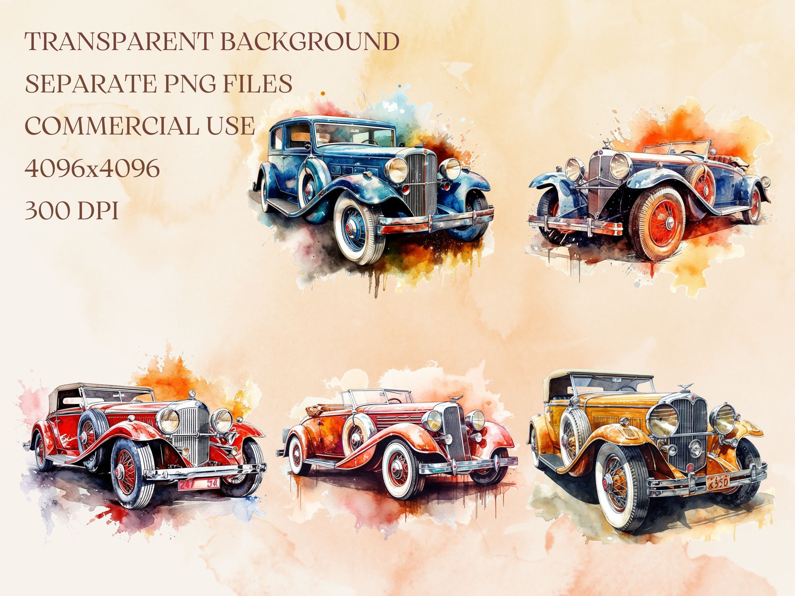 Vintage Cars Watercolor Clipart Collection Classic (Download Now) - Etsy