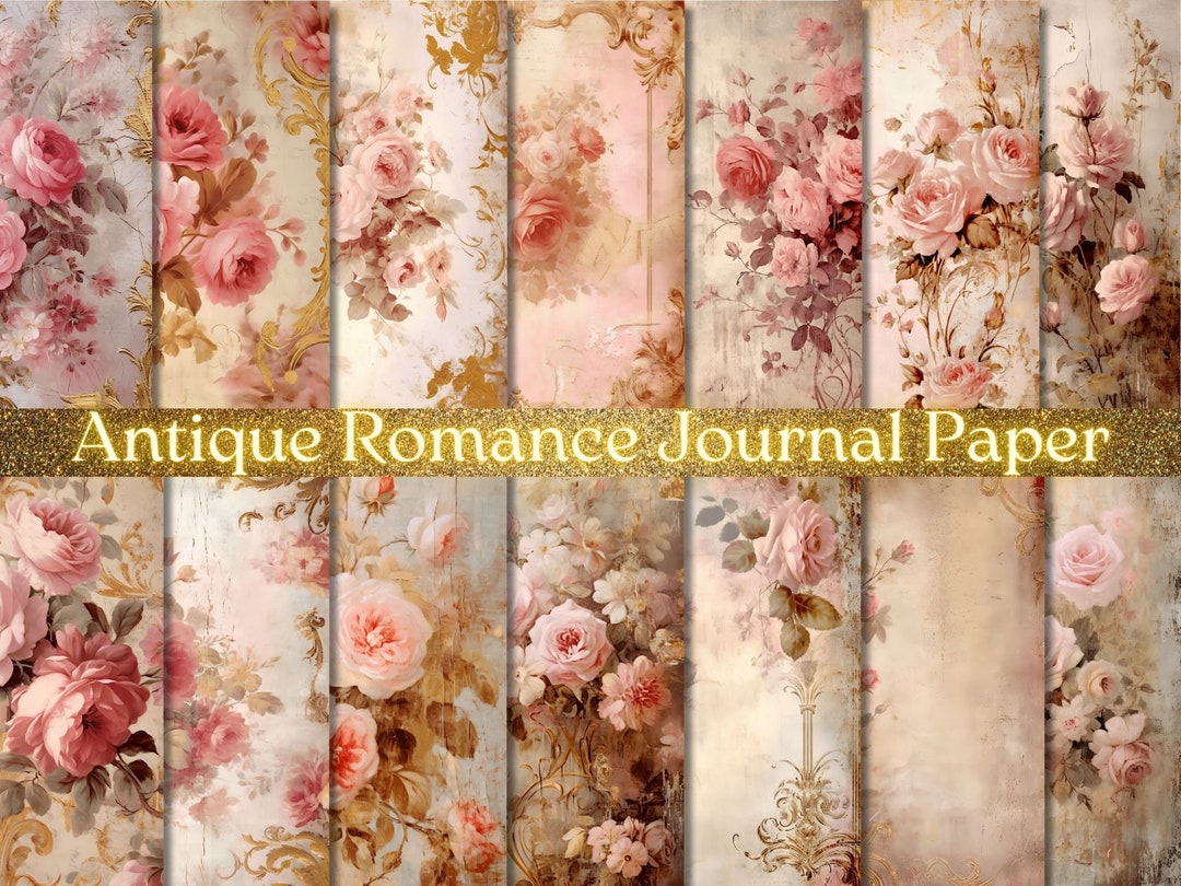 Antique Pink and White Rose Gold Journal Paper, Romance Rococo Digital ...