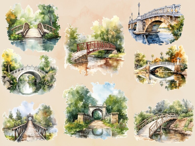 Watercolor Summer Old Bridge Png Clip Art Bundle, Commercial Use. Junk ...