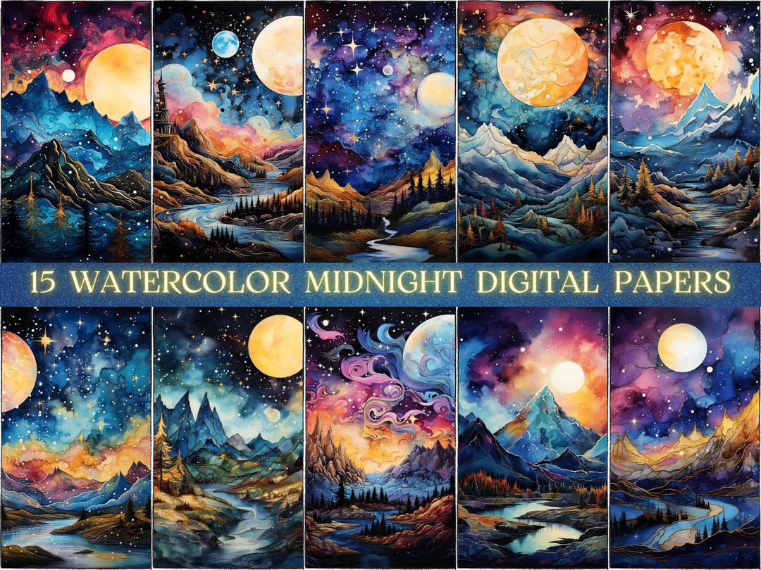 Watercolor Galaxy Moon Digital Paper Background, Starry Night Mountains ...