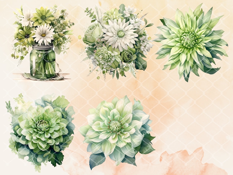 Green Flowers Watercolor Clipart Bundle Botanical Clipart - Etsy