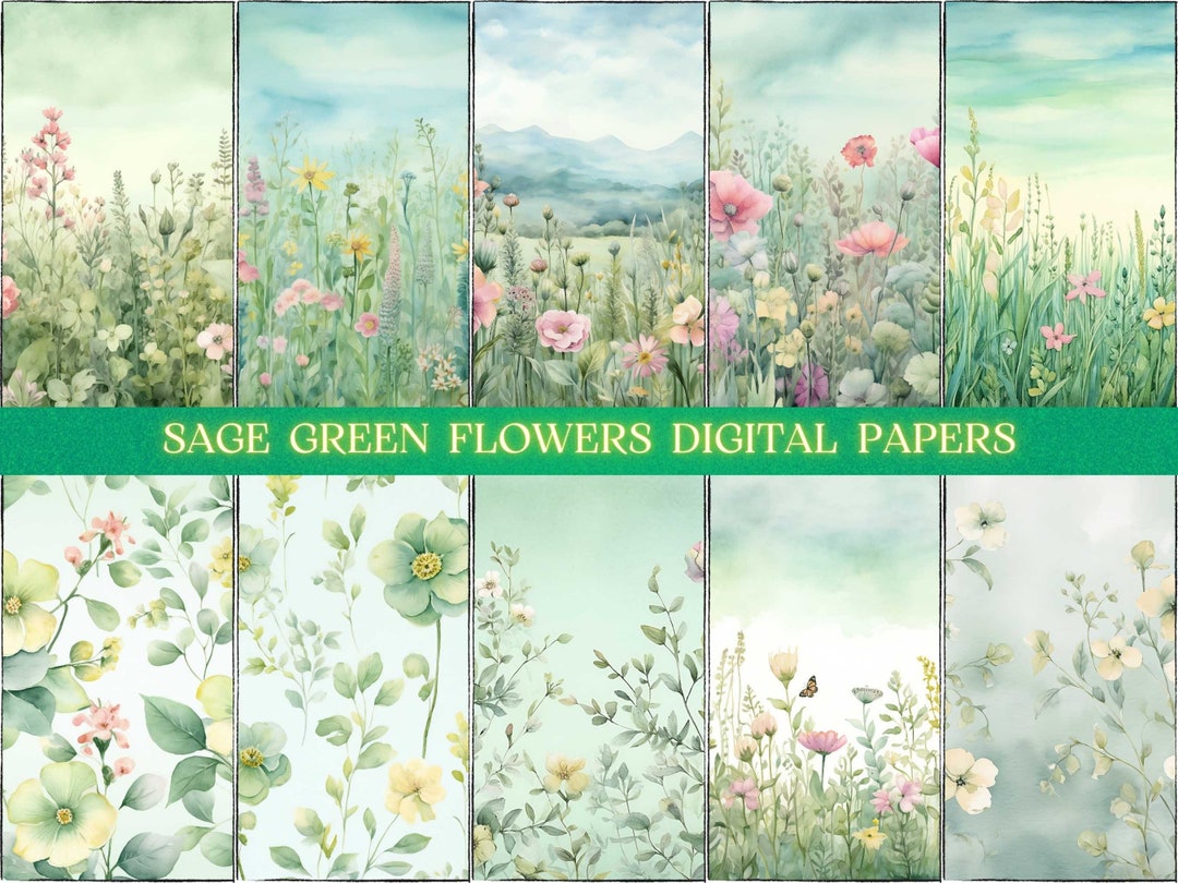 Sage Green Watercolor Floral Digital Paper, Sage Green Flowers ...