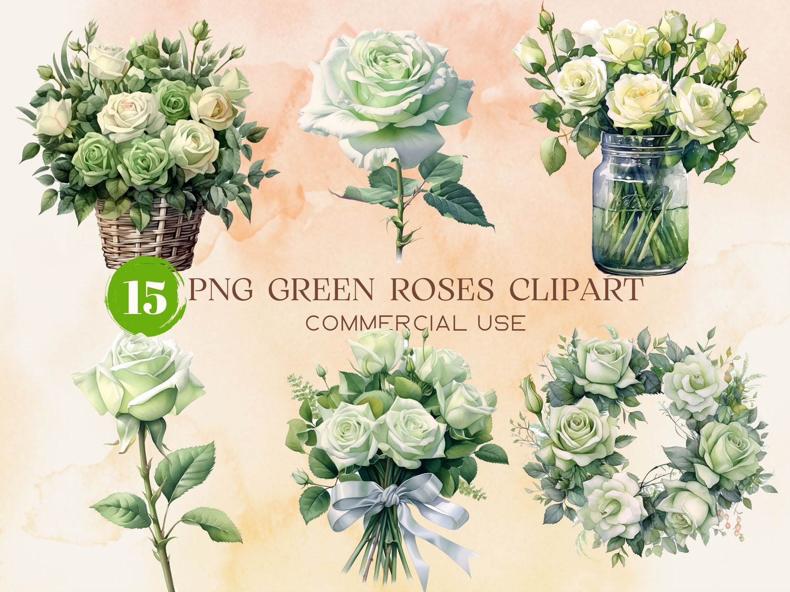 Green Roses Watercolor PNG Clipart Bundle, Floral Clipart, Flowers ...
