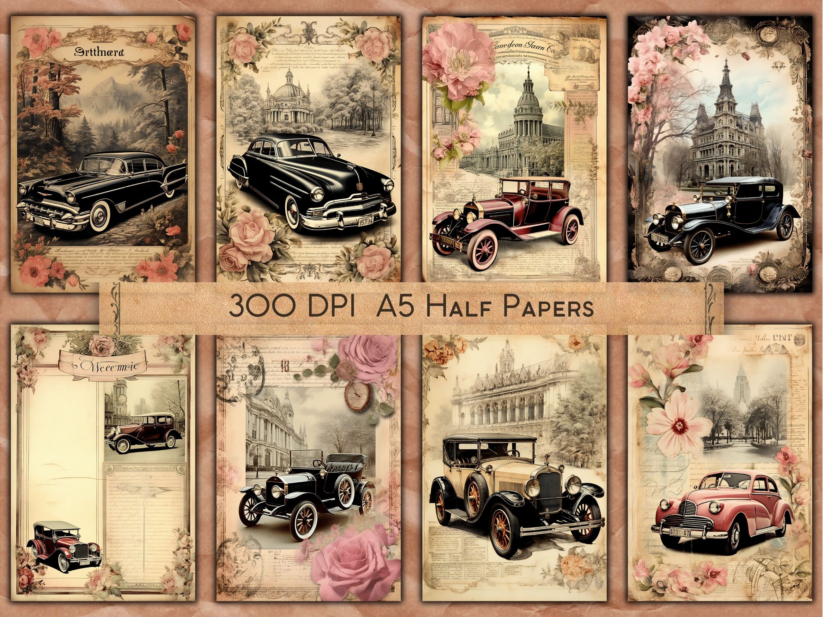 Vintage Cars Junk Journal Pages, Retro Auto-themed Unique Old Cars ...