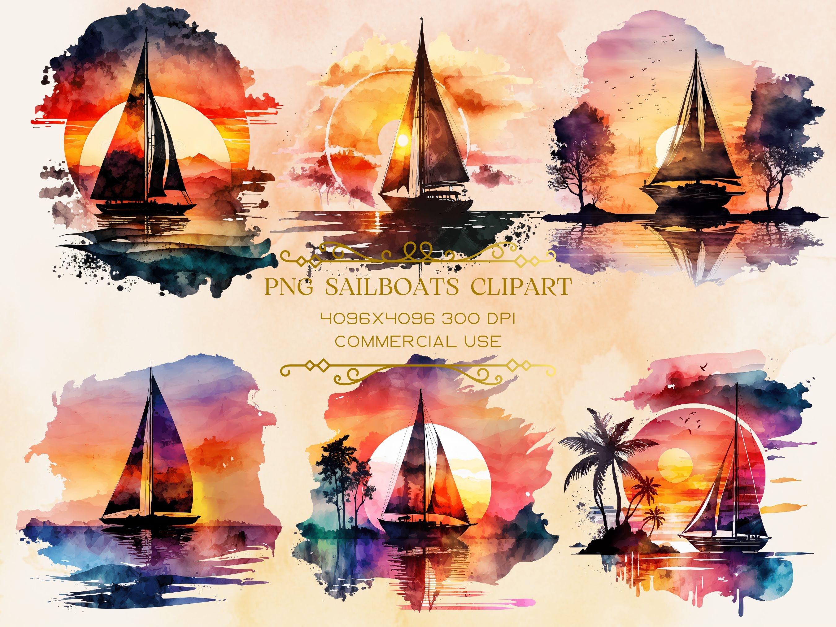 Watercolor Sunset Sailboat PNG Clip Art Bundle, Tropical Sunset, Sunset ...