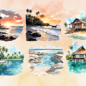 Watercolor Tropical Beach Landscapes Clip Art - Digital Download ...