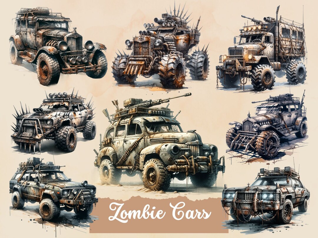 Vintage Zombie Cars Watercolor Clipart, Classic Automobile - Antique ...