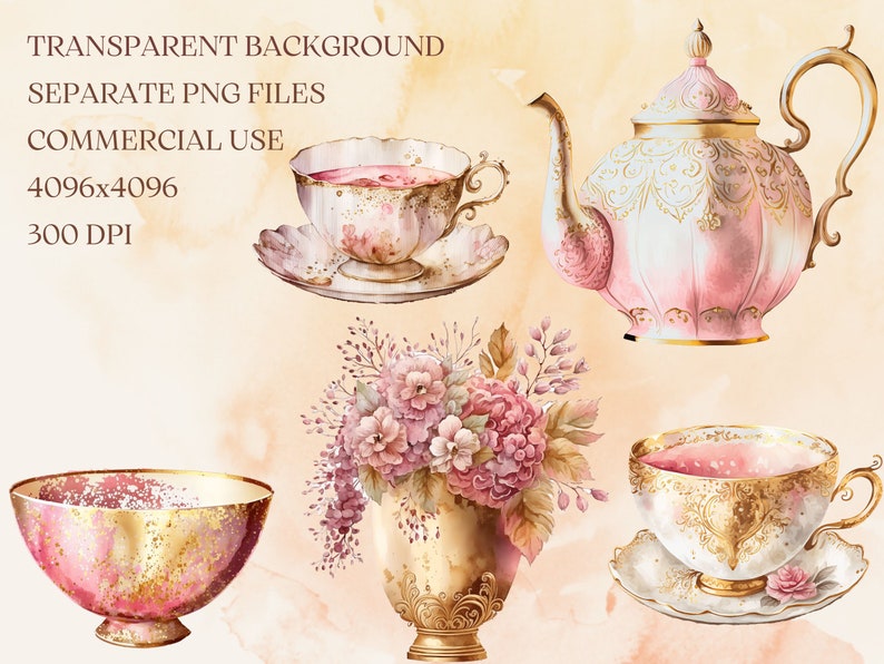 Watercolor Pink Gold Tea Clipart Tea Cups Tea Pot Garden Tea - Etsy