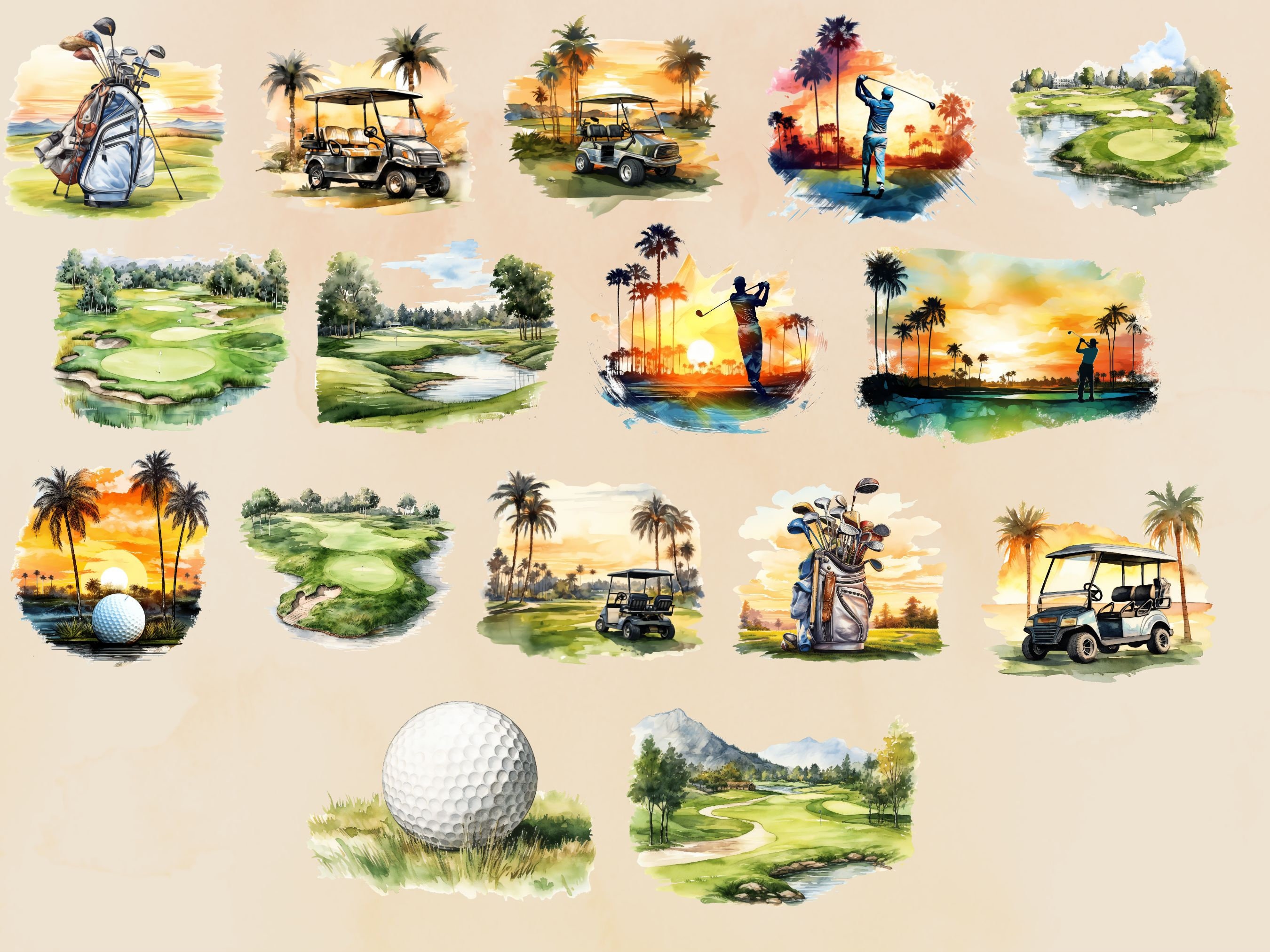 Watercolor Golf Clipart Springtime Cute Golf Clip Art Graphics in PNG ...