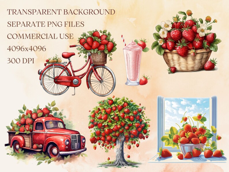 Watercolor Strawberry PNG Clip Art Bundle Illustrations - Etsy