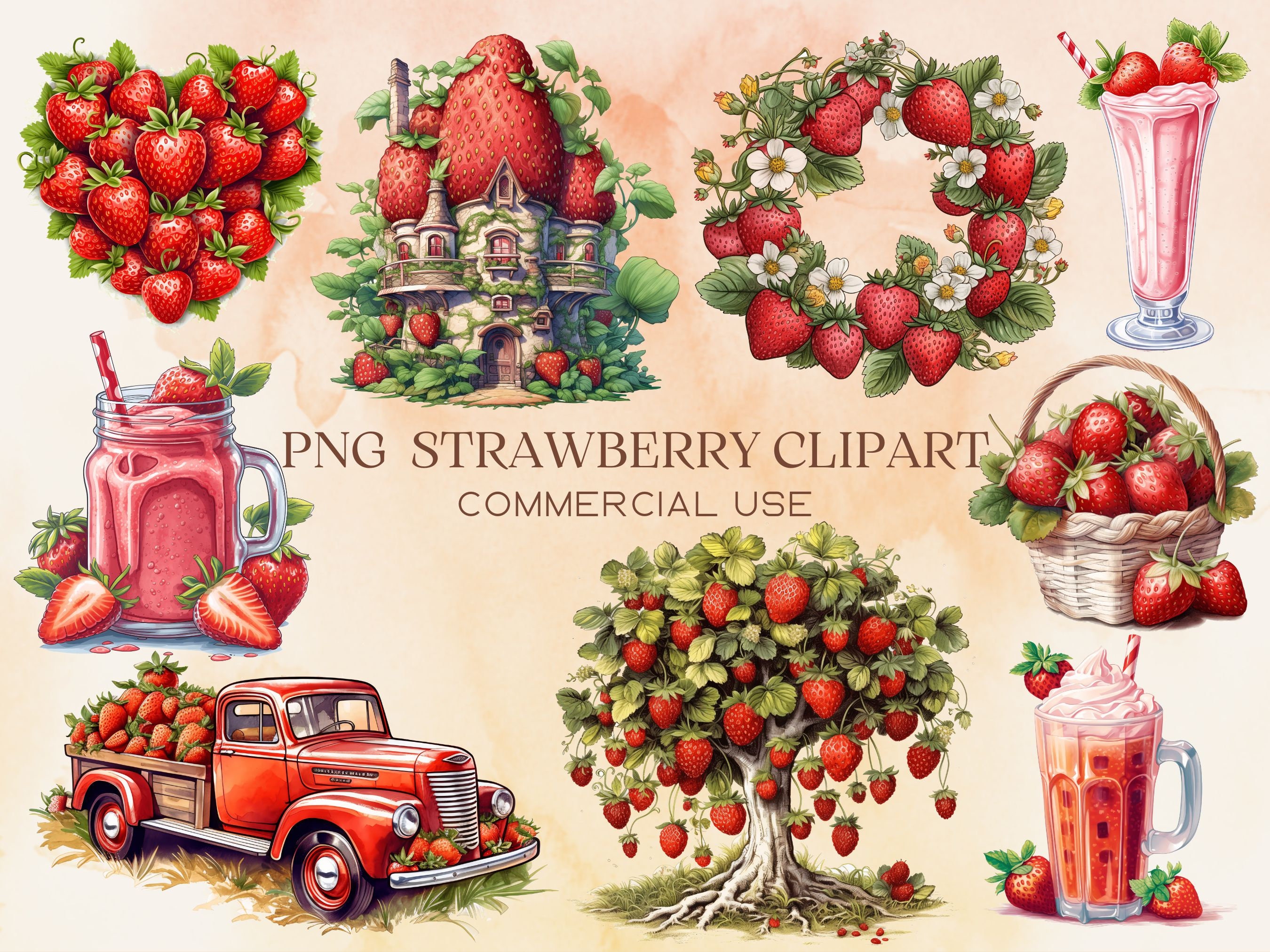 Watercolor Strawberry PNG Clip Art Bundle Illustrations - Etsy