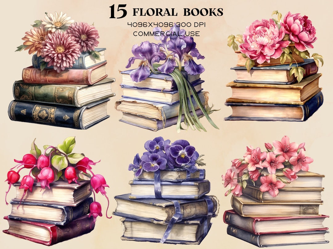 Watercolor Vintage Floral Books Clipart Old Book PNG Bundle Book Stack ...