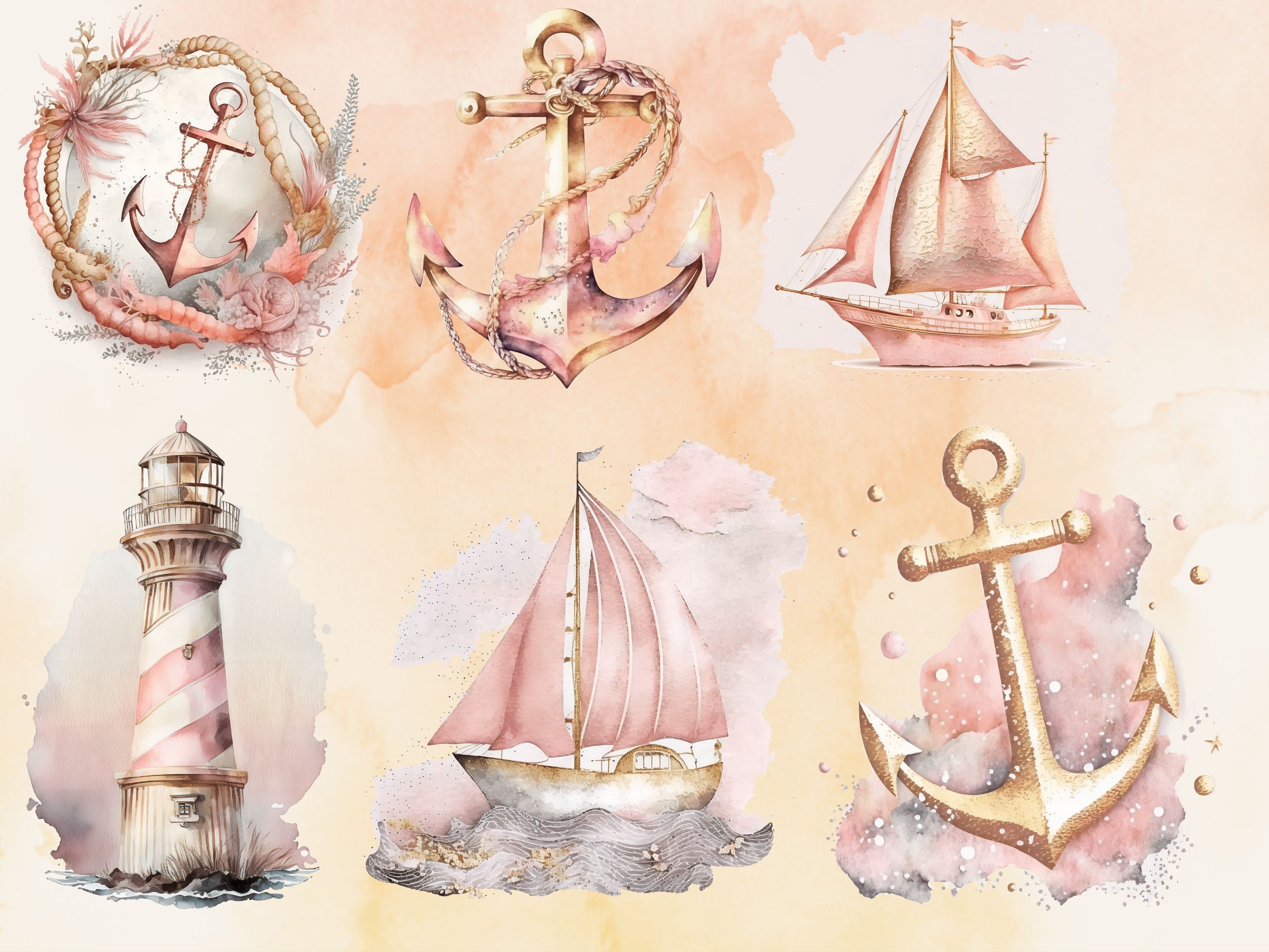 Watercolor Boho Nautical Clipart Ocean Beach Wedding PNG - Etsy