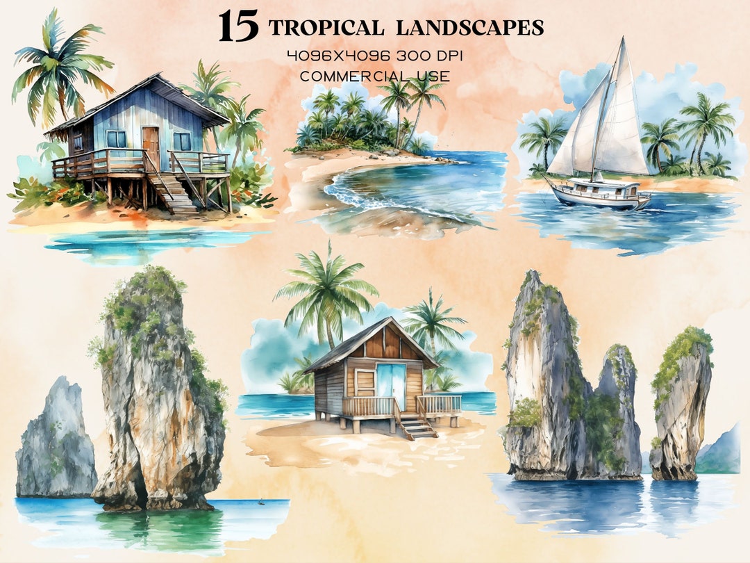 Watercolor Tropical Beach Landscapes Clip Art - Digital Download ...