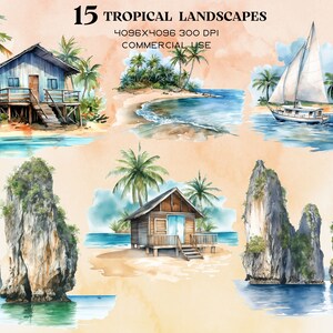 Watercolor Tropical Beach Landscapes Clip Art - Digital Download ...