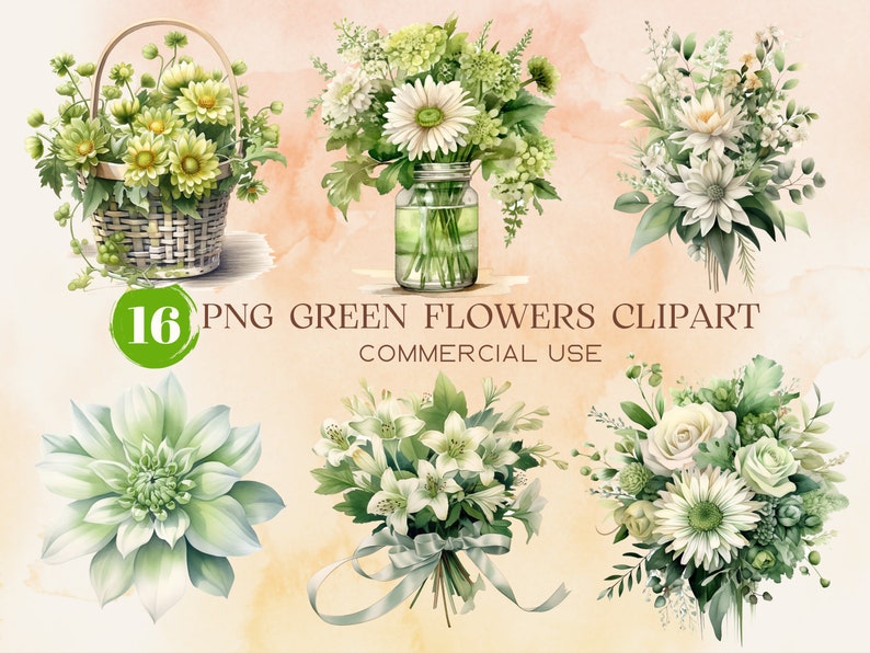 Green Flowers Watercolor Clipart Bundle Botanical Clipart - Etsy
