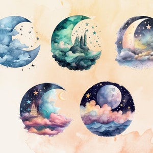Watercolor Moon PNG Clip Art Bundle, Celestial Png, Galaxy Fantasy Clip ...