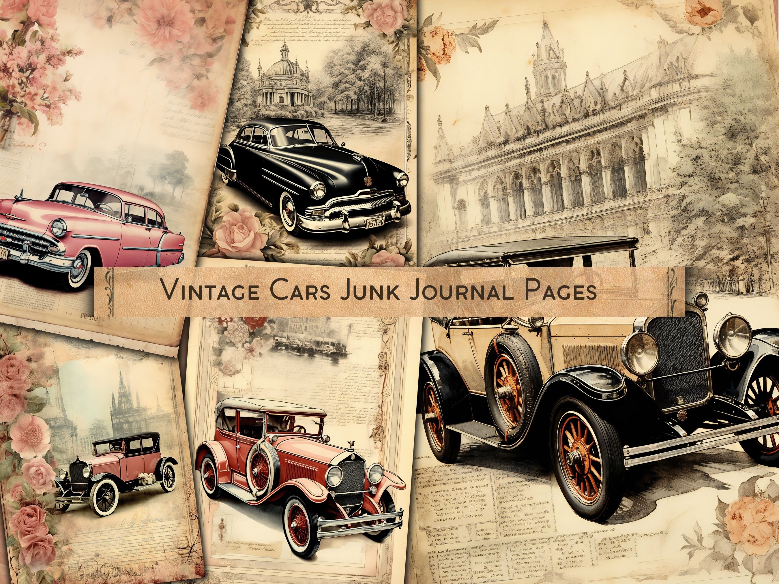 Vintage Cars Junk Journal Pages, Retro Auto-themed Unique Old Cars ...