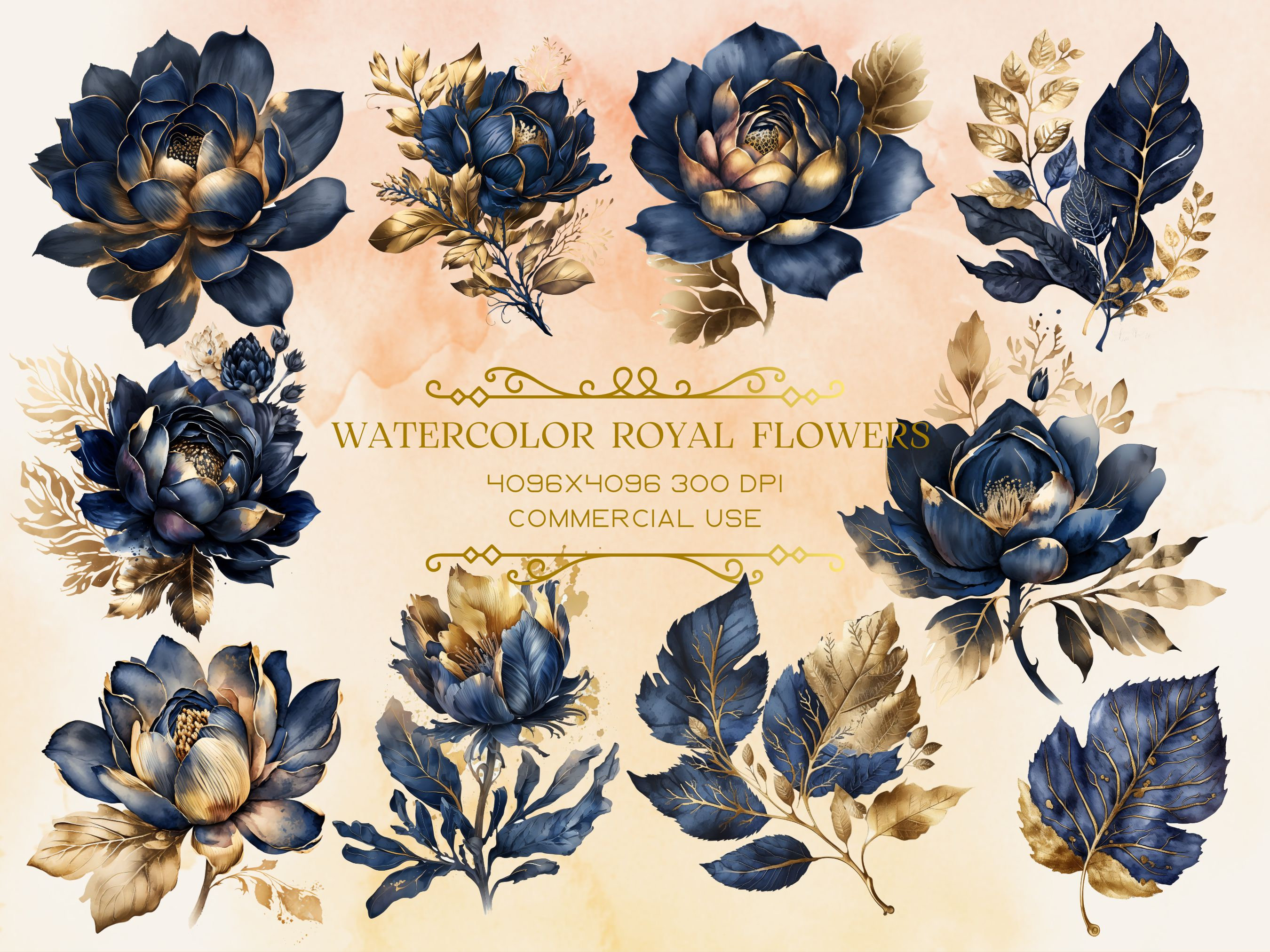 Watercolor Navy Blue Gold Flowers Png Clip Art Set - Etsy