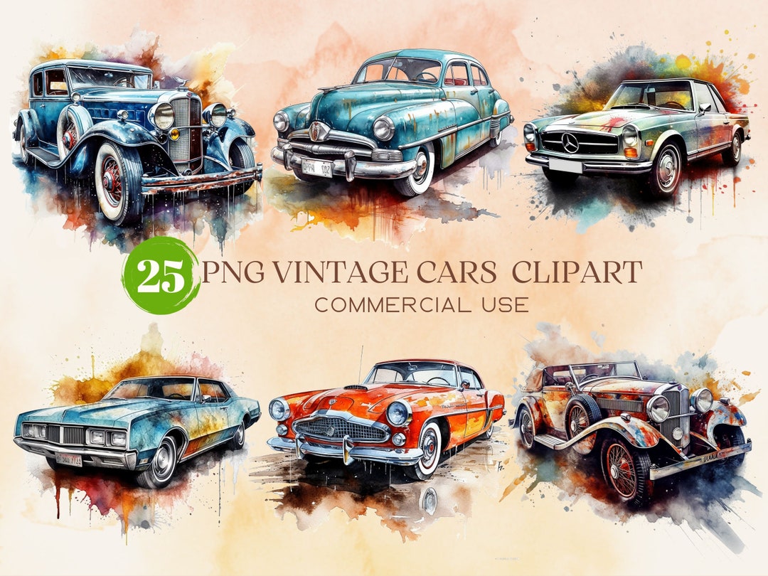 Vintage Cars Watercolor Clipart Collection, Classic Automobile Images ...
