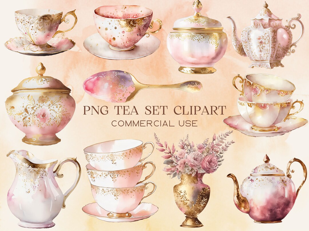 Watercolor Pink Gold Tea Clipart, Tea Cups Tea Pot, Garden Tea Party ...