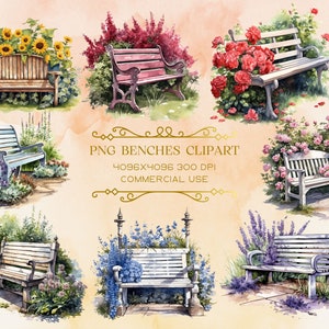 Watercolor Garden Benches Clipart - Park Bench PNG Format Instant ...