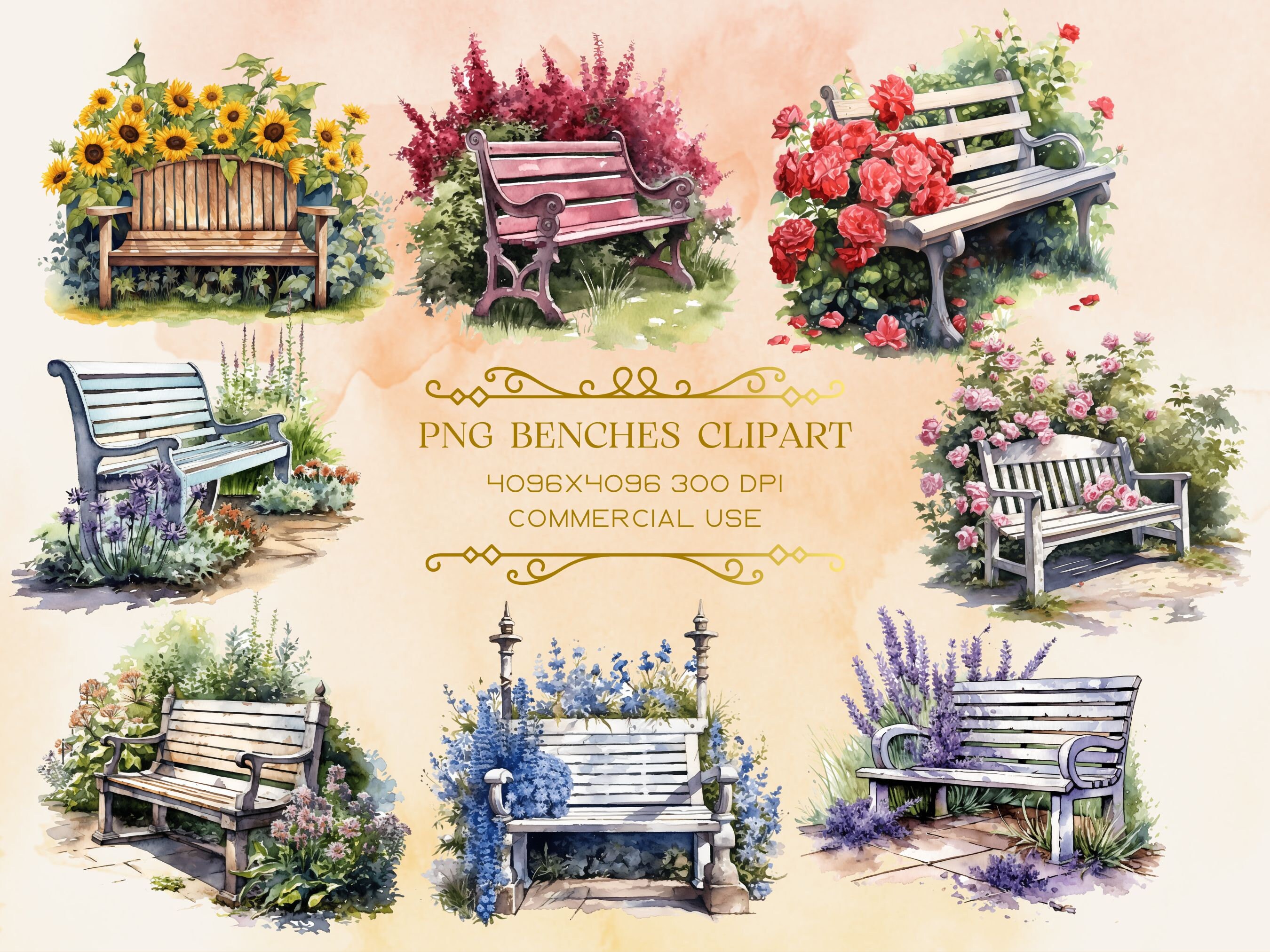 Watercolor Garden Benches Clipart Park Bench PNG Format Instant ...