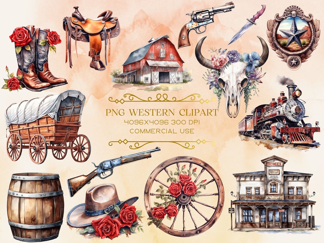 Watercolor Western Clipart, Texas Cowboy Ranch, Hat, Gun, Western ...