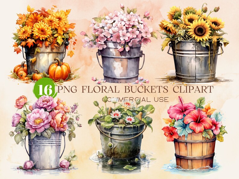 Watercolor Floral Buckets PNG Clipart Bundle, Digital Scrapbooking ...