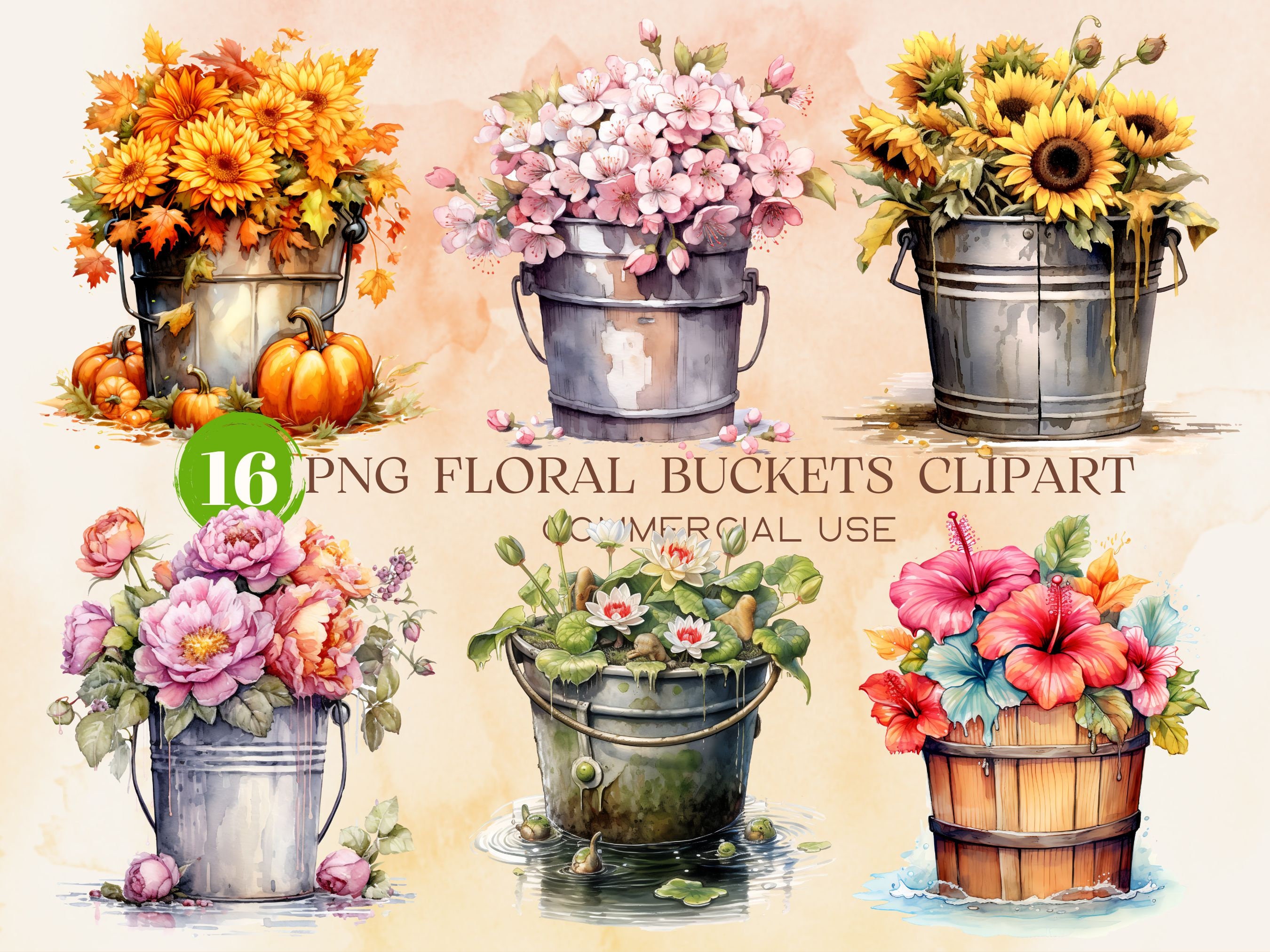 Watercolor Floral Buckets PNG Clipart Bundle, Digital Scrapbooking ...