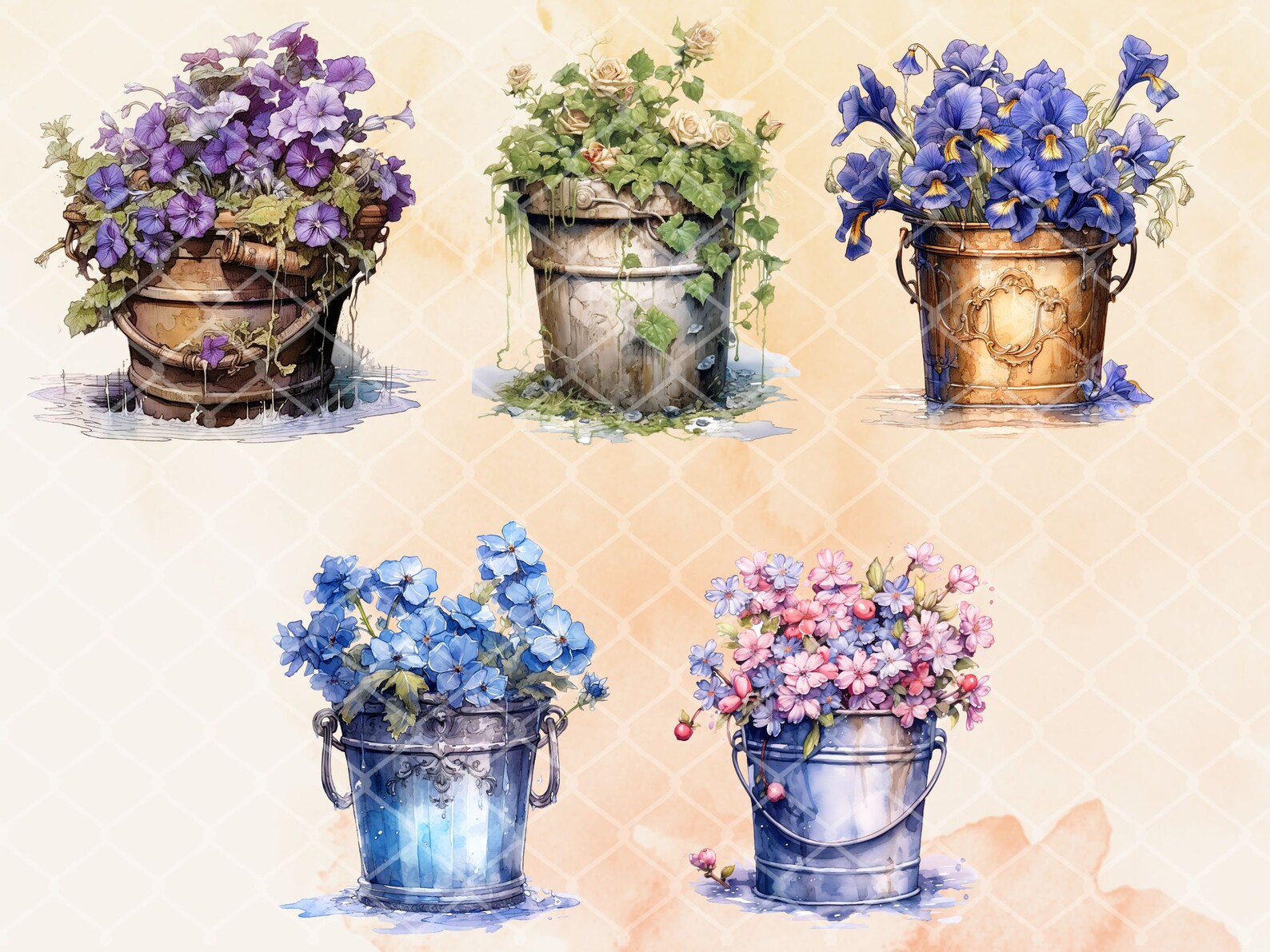 Watercolor Floral Buckets PNG Clipart Bundle, Digital Scrapbooking ...