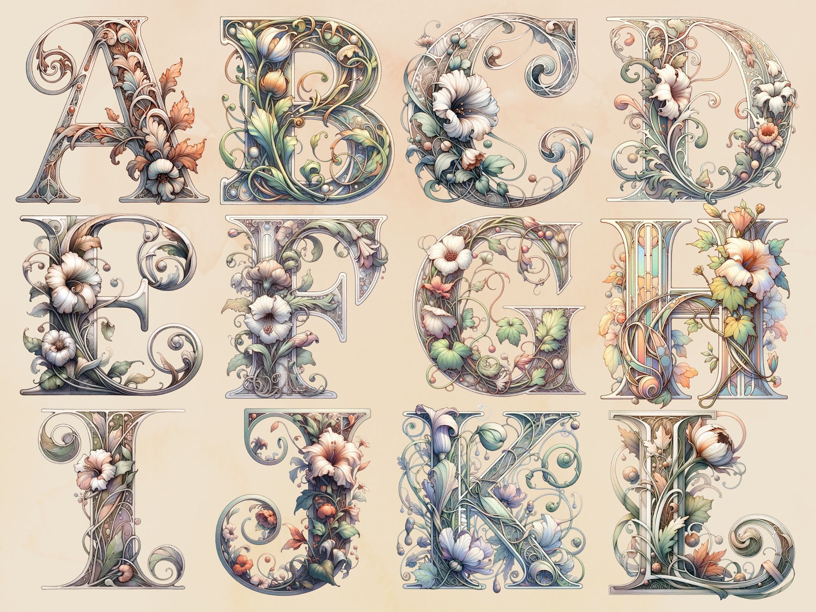 Art Nouveau Initials Clipart Bundle Full English Alphabet Mystical ...