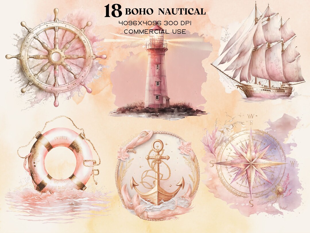 Watercolor Boho Nautical Clipart - Ocean Beach Wedding PNG Commercial ...