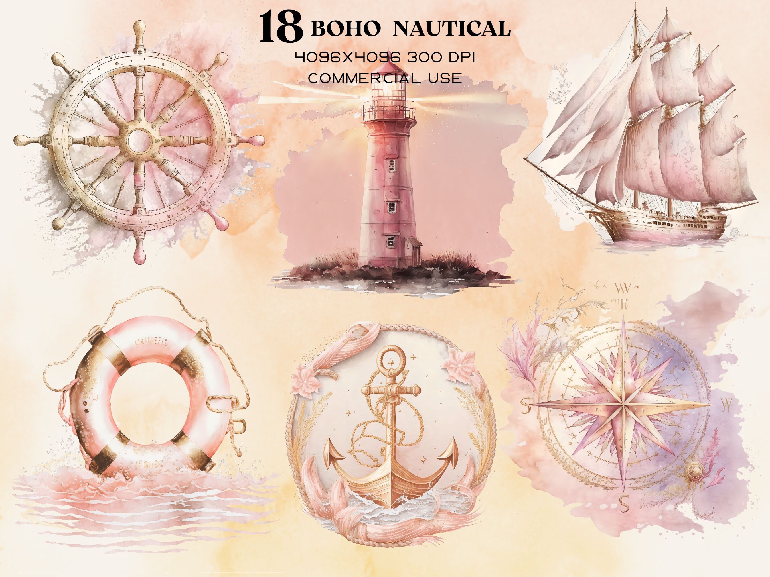 Watercolor Boho Nautical Clipart Ocean Beach Wedding PNG - Etsy