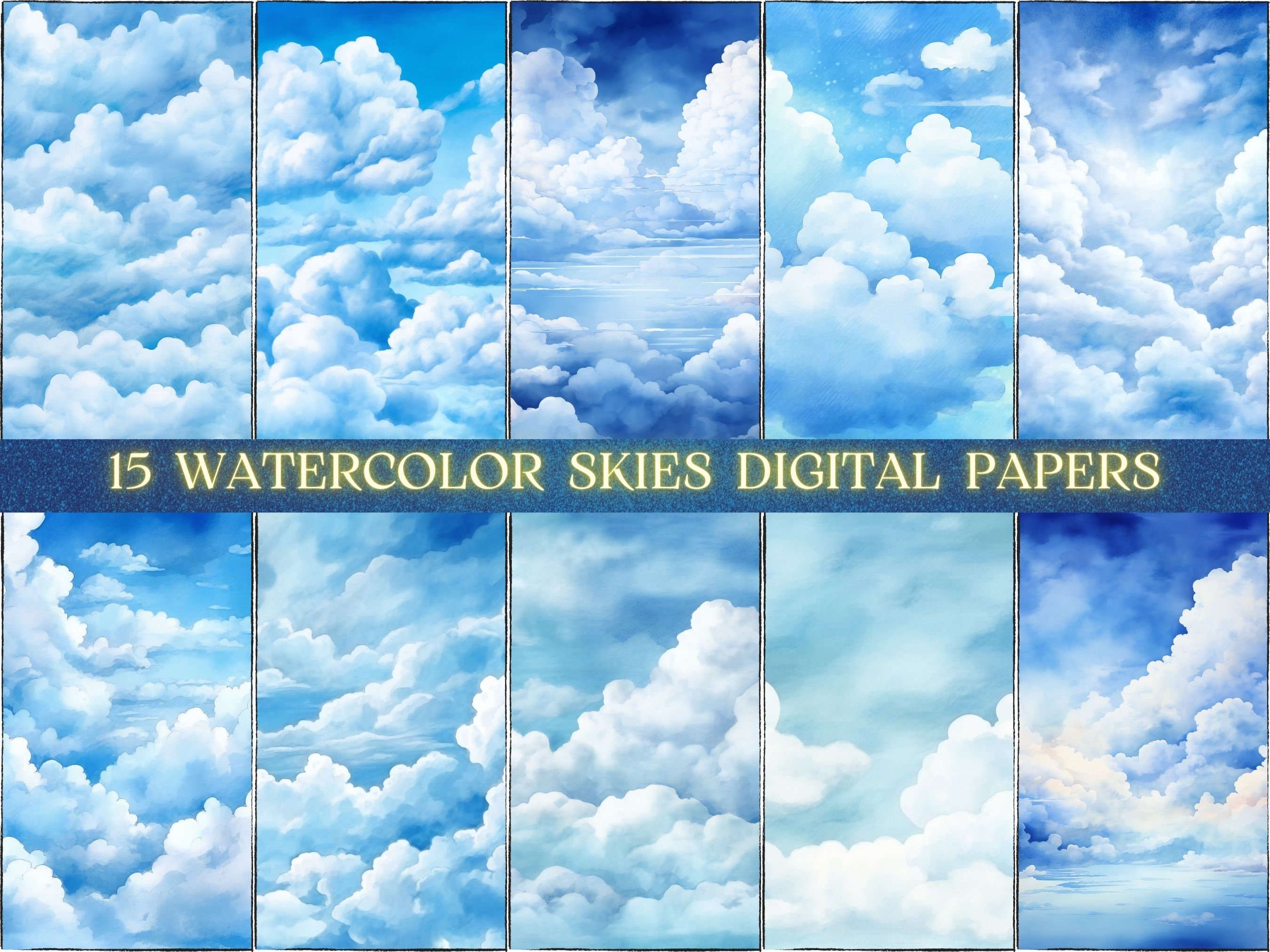 Watercolor Blue Cloudy Skies Digital Paper PNG, Watercolor Sky Clouds ...
