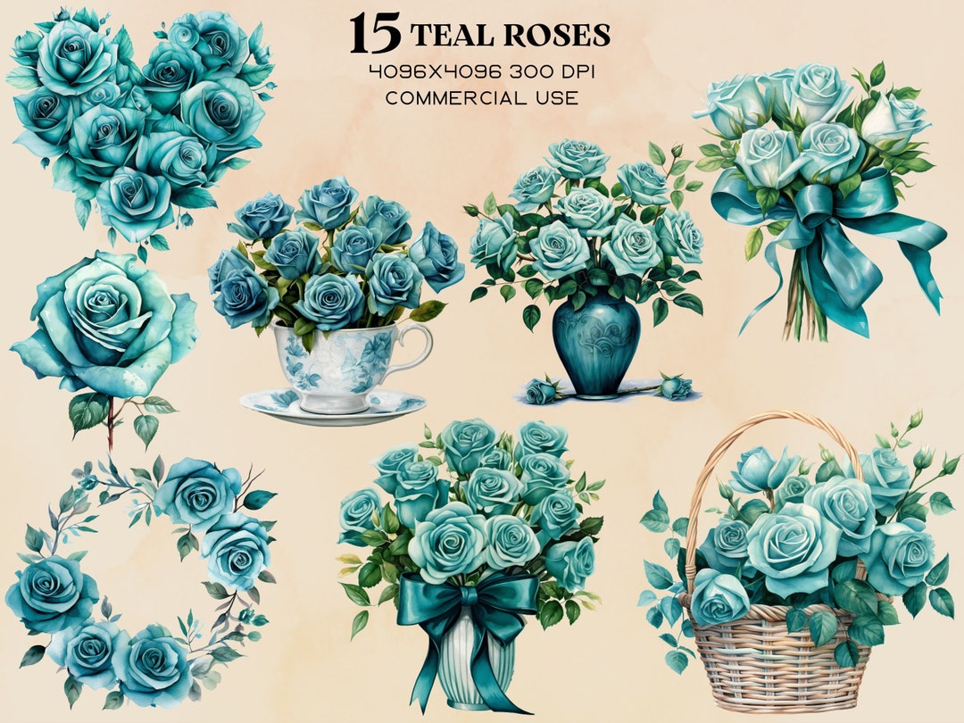Watercolor Teal Rose Clipart Bundle PNG Files, Instant Download ...