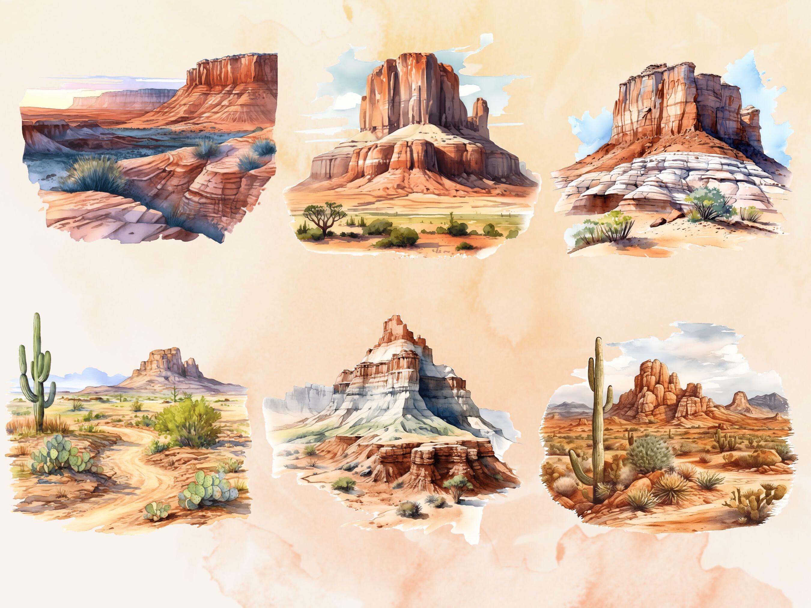 Watercolor Mesas and Buttes Clipart Western Desert Landscape - Etsy