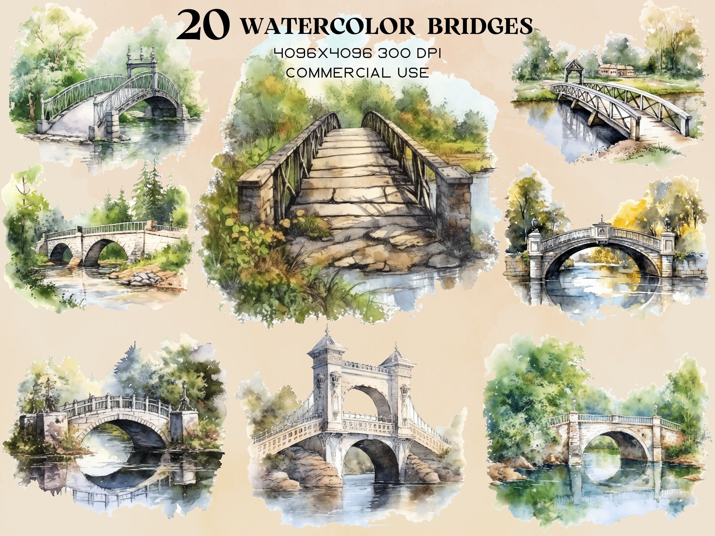 Watercolor Summer Old Bridge Png Clip Art Bundle, Commercial Use. Junk ...