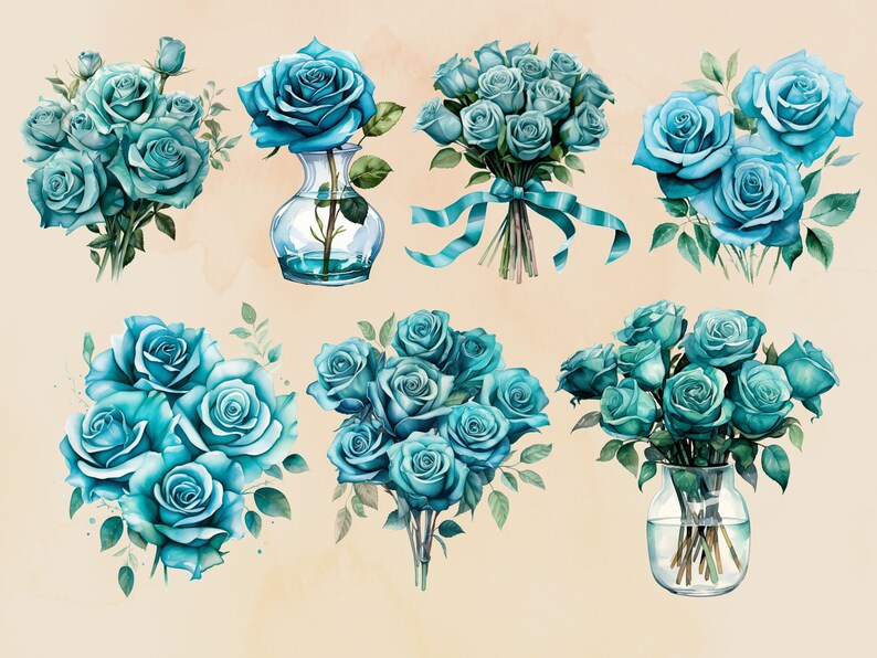 Watercolor Teal Rose Clipart Bundle PNG Files Instant - Etsy