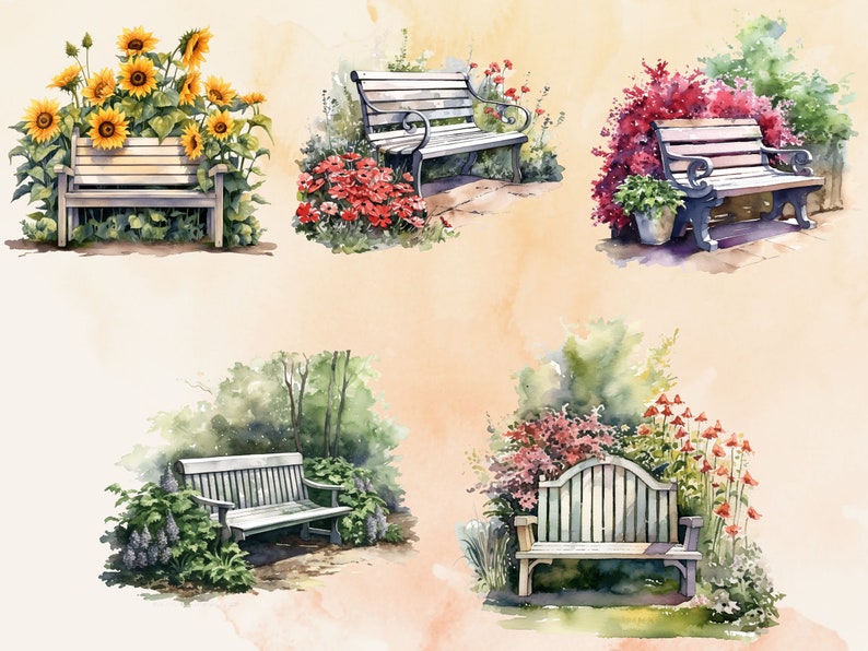 Watercolor Garden Benches Clipart Park Bench PNG Format - Etsy