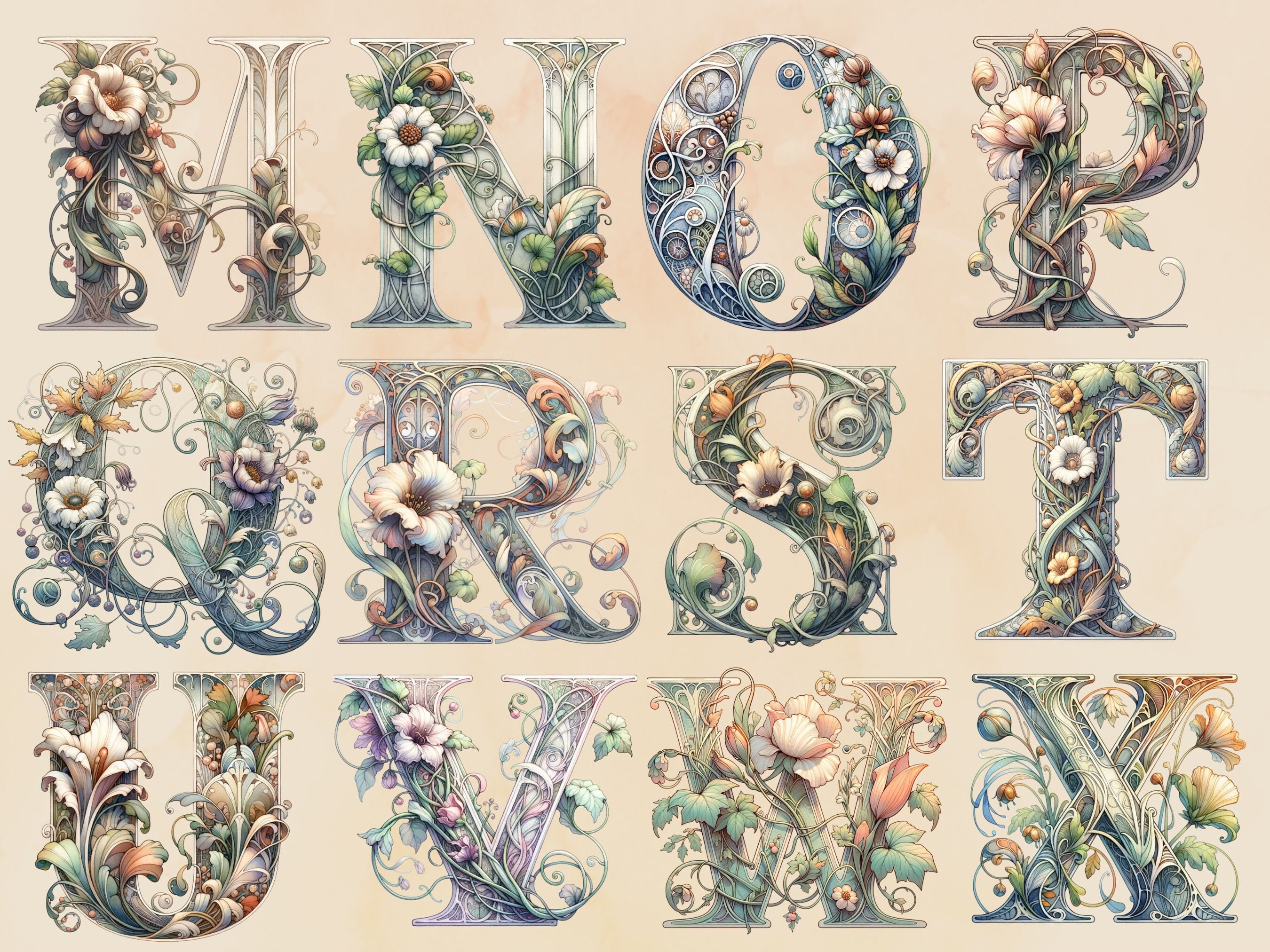 Art Nouveau Initials Clipart Bundle Full English Alphabet Mystical ...