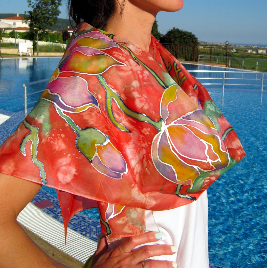 Handmade Silk Shawl With Lotus Flowers on the Red as a Best Gift to ...