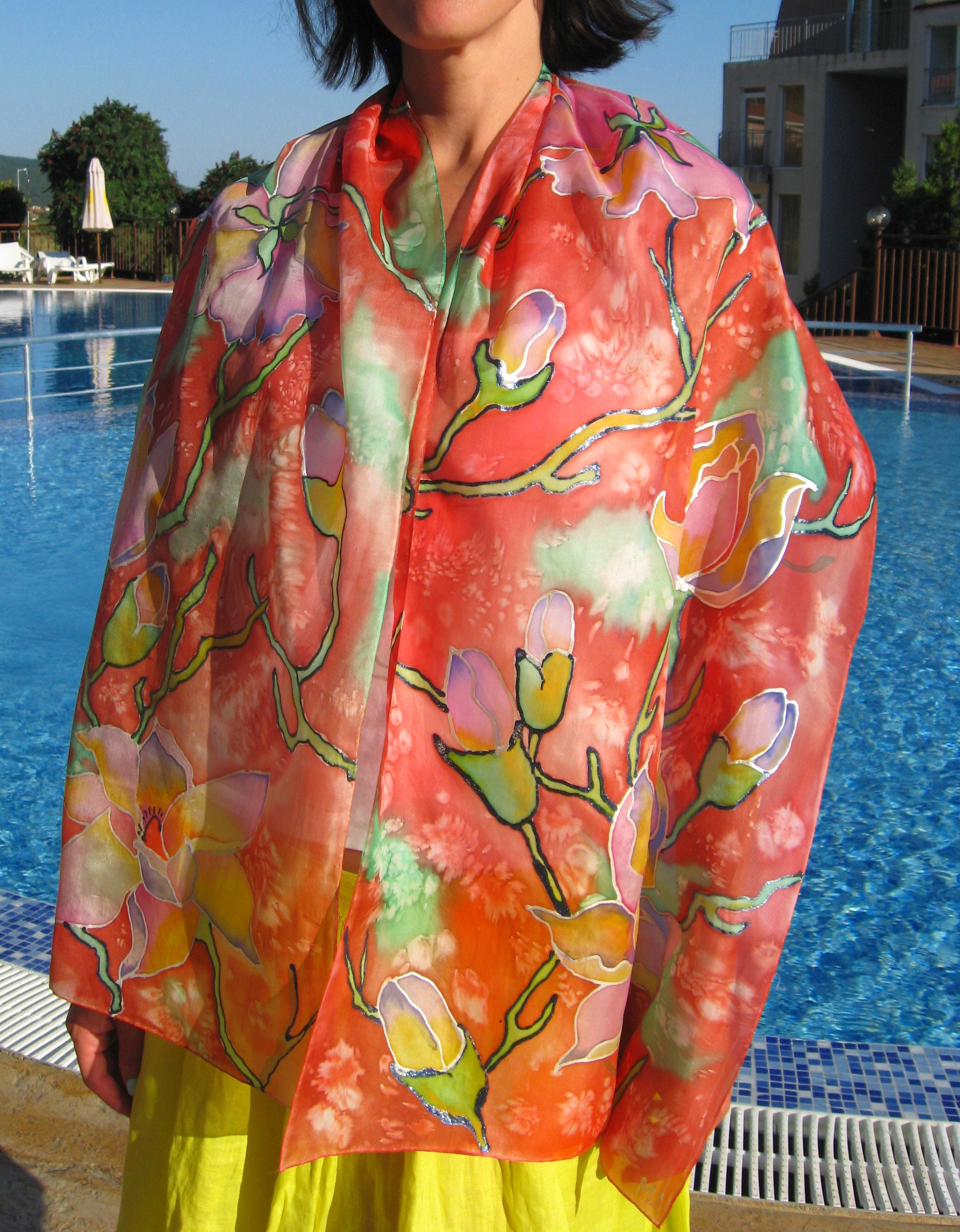 Handmade Silk Shawl With Lotus Flowers on the Red as a Best Gift to ...