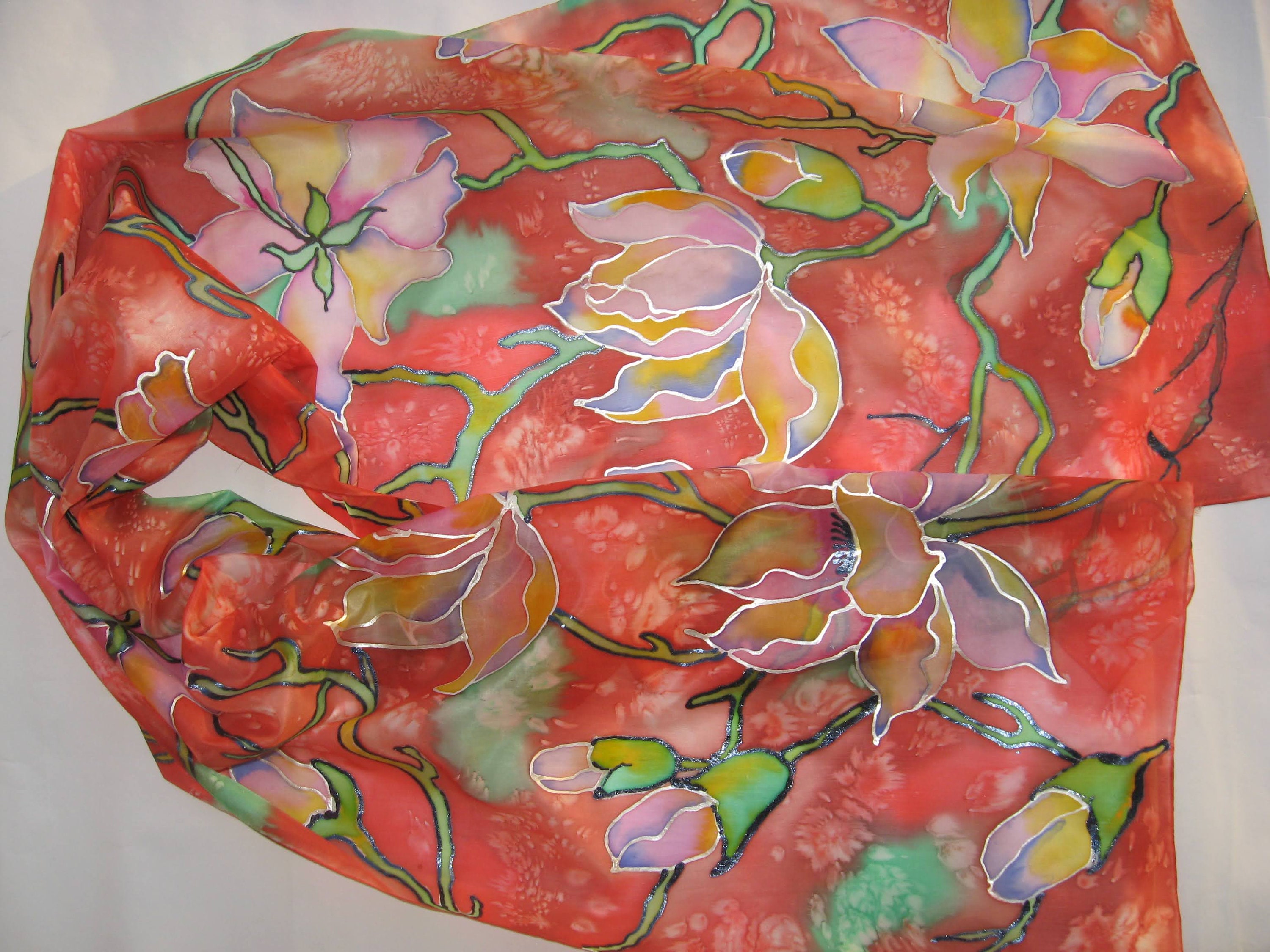 Handmade Silk Shawl With Lotus Flowers on the Red as a Best Gift to ...