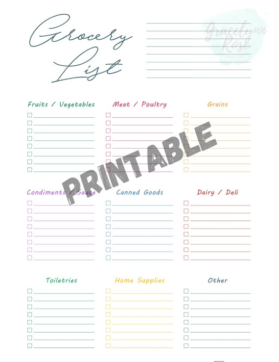 Grocery List Fill in Grocery List Shopping List Printable - Etsy