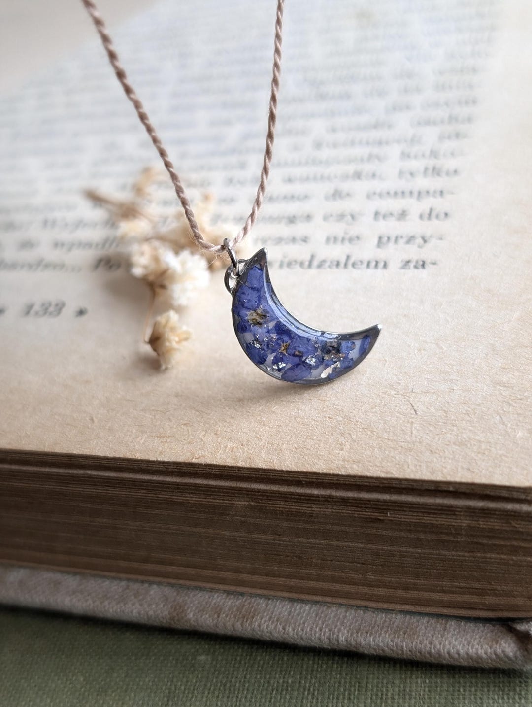 Crescent Moon Forget Me Not Fine Cord Necklace, Botanical Jewellery ...