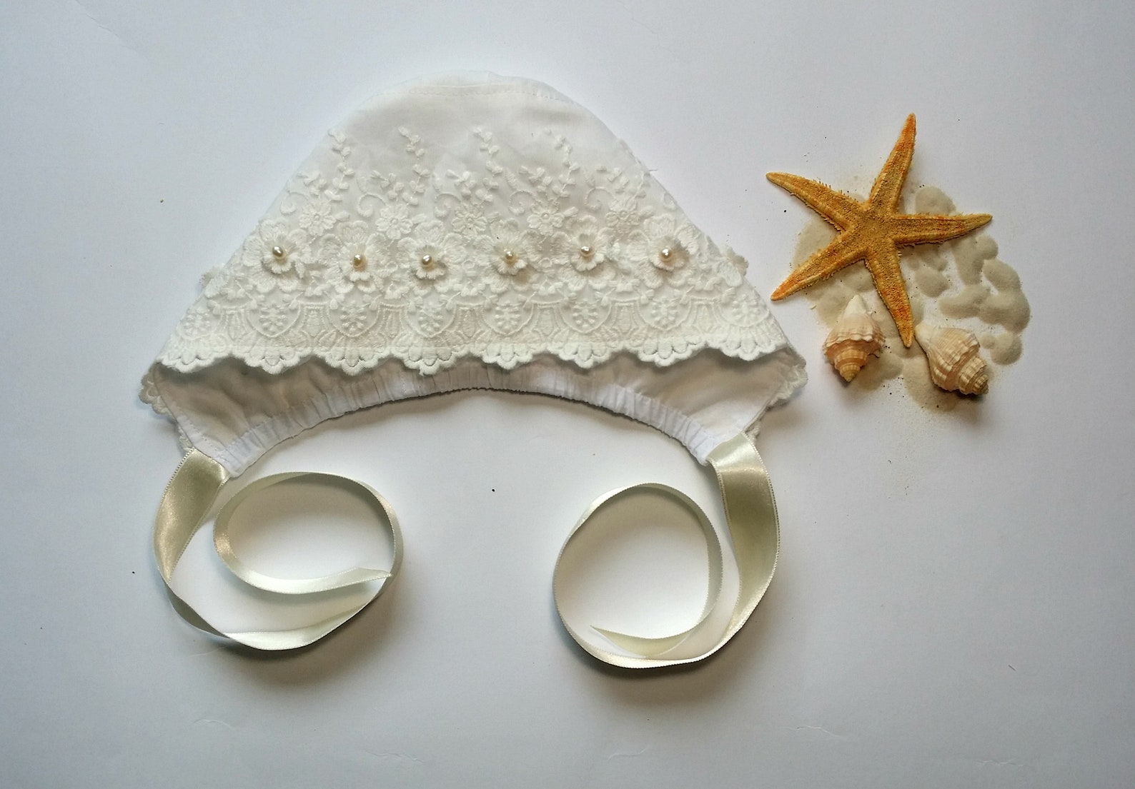Girl Hat for Baptism, Christening Bonnet, White Cotton Summer Bonnet ...